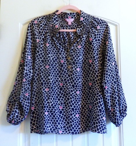 Lilly Pulitzer Women's Elsa Silk NAVY Pink Shells Top Blouse SZ O or ...