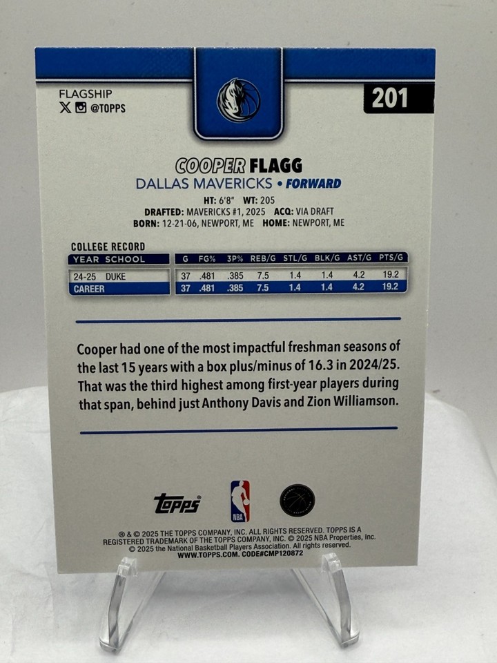 Cooper Flagg 2025-26 Topps Flagship #201 Sandglitter Blue SSP Dallas ...