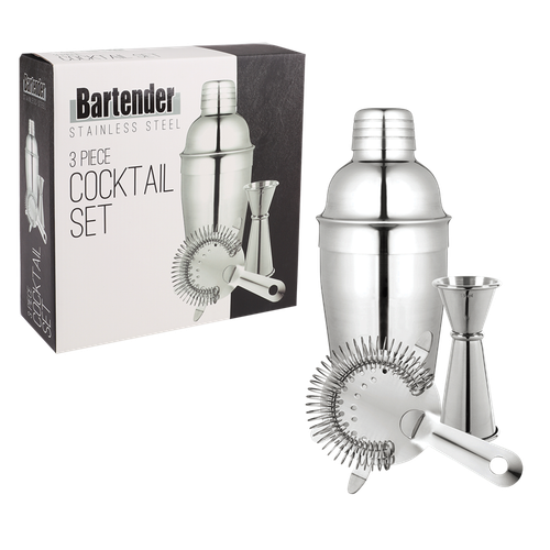 NEW BARTENDER 3 PIECE STAINLESS STEEL COCKTAIL SET 550ml Maker Mixer ...