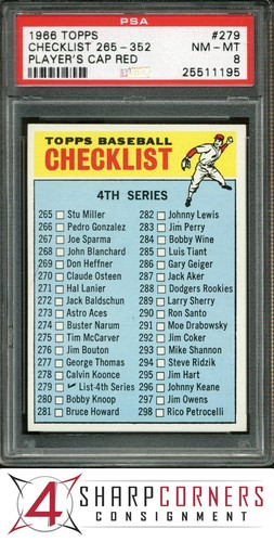 1966 TOPPS #279 BASEBALL CHECKLIST 265-352 PLAYER'S CAP RED PSA 8 SET ...