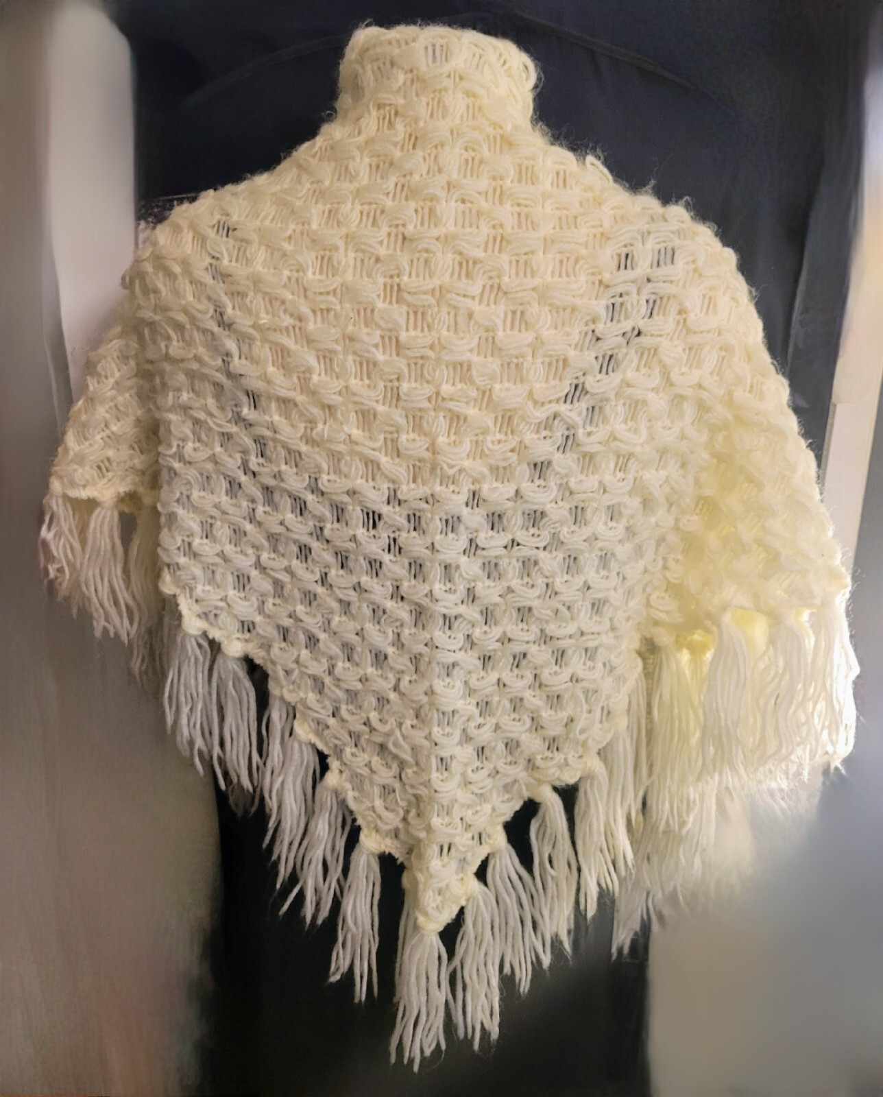 Vintage CROCHETED SHAWL w/Fringe BOHO Coquette COTTAGECORE Gypsy STEVIE ...