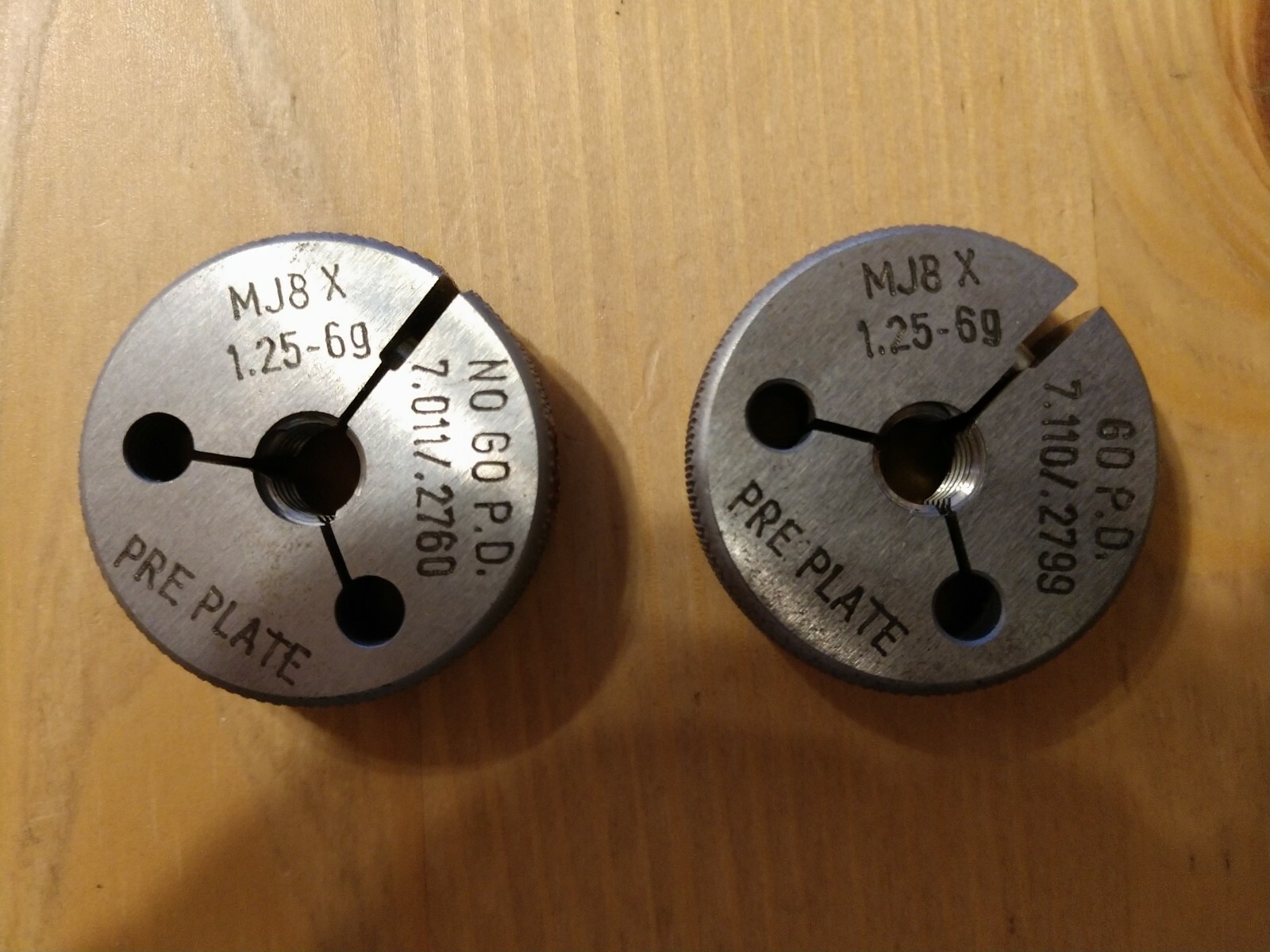 MJ8 X 1.25 6g Metric Thread Ring Gages 8.0 GO NO GO P.D.'S = 7.110 / 7. ...