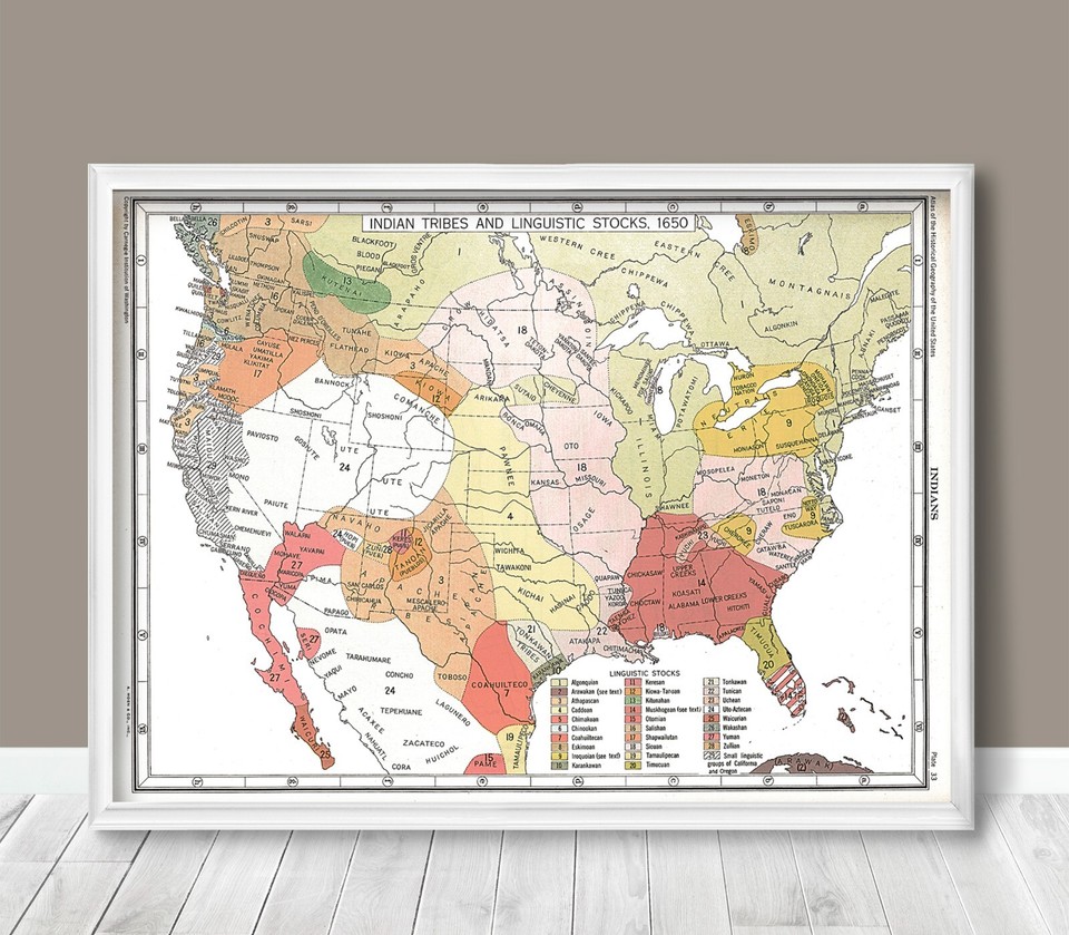 1650 Map US Indian Tribes and Linguistic Languages Stocks Native ...