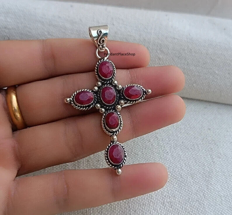Indian Ruby Cross Pendant, 925 Sterling Silver Cross Pendant, Ruby Gemstone Pend | eBay