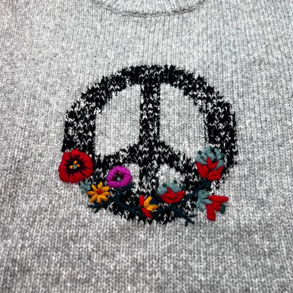Sundance Women's Gray Peace Sign Floral Embroidered Knit Sweater Size ...
