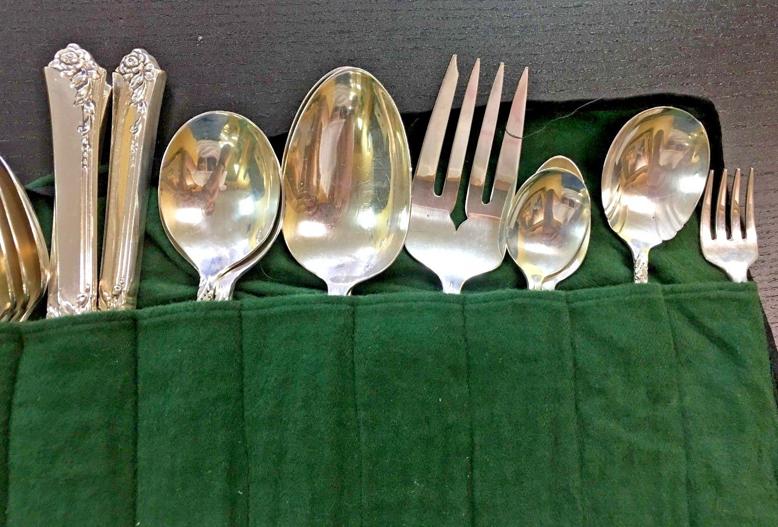 Damask Rose Heirloom Sterling Silver 53 piece silverware set with Green ...