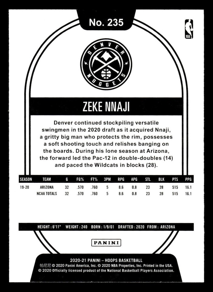 2020-21 Panini Hoops NBA Zeke Nnaji RC Rookie Purple #235 | eBay