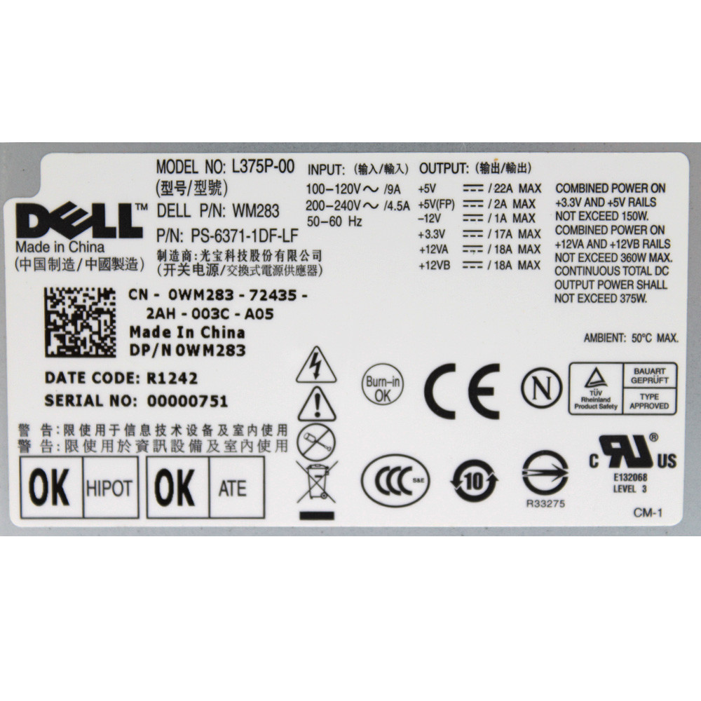 FOR Dell WM283 Precision 390 375W ATX Power Supply Unit L375P-00 PS ...