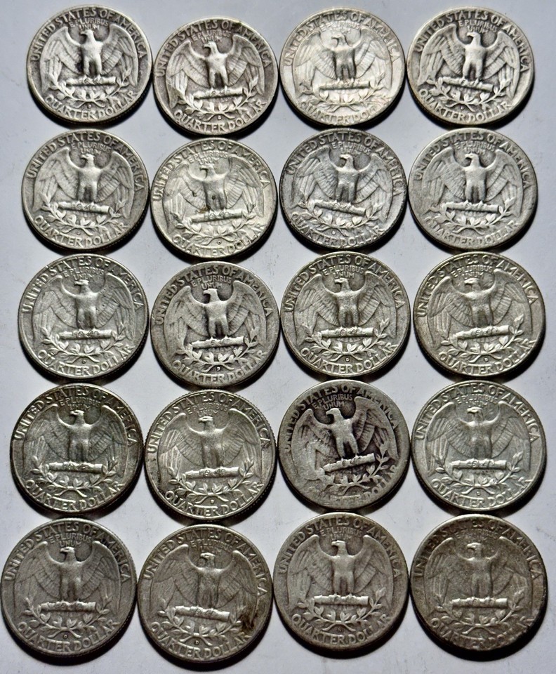 Lot of 20 Washington Quarters 90% Silver Circulated Coins $5 Face ...