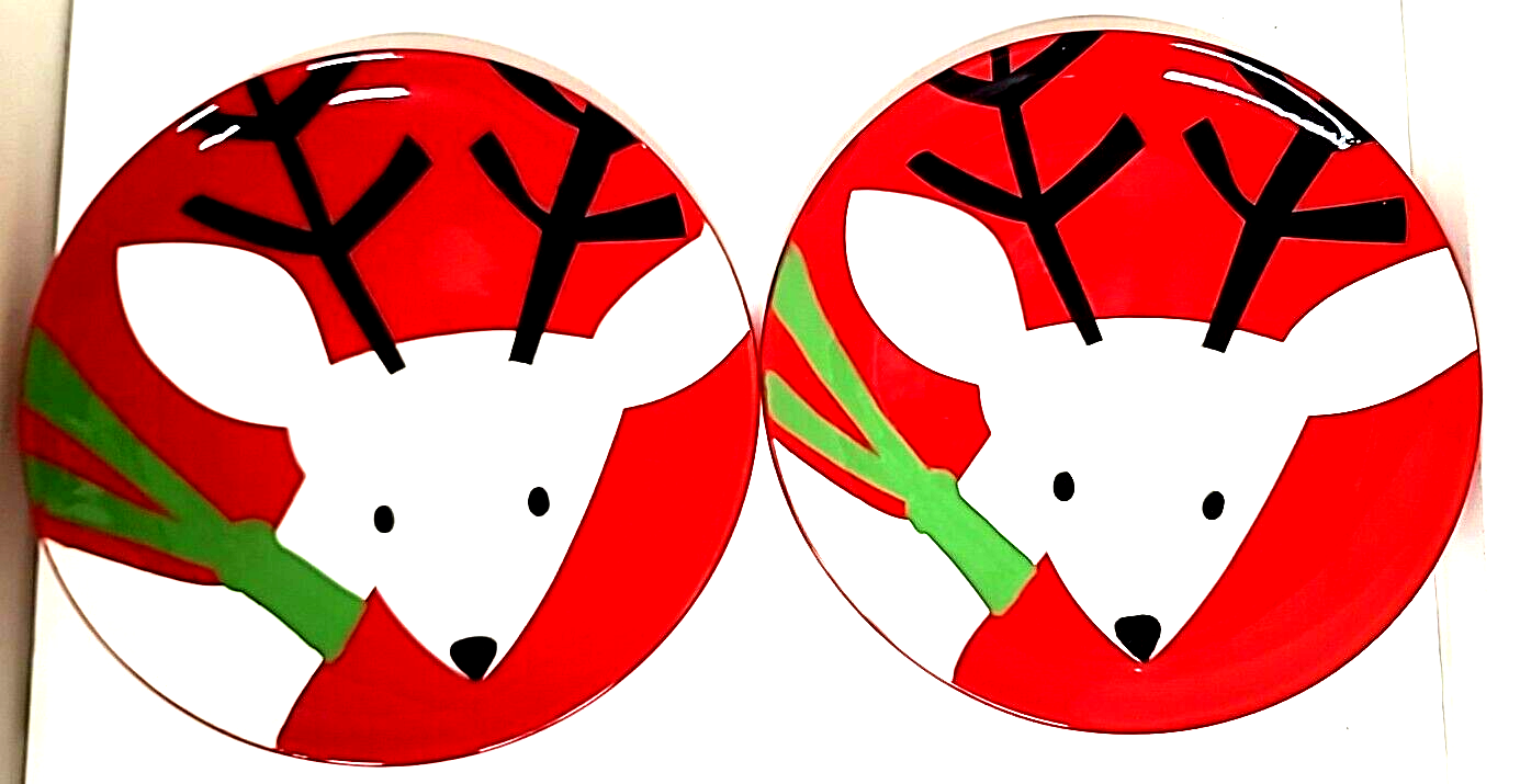 Santa Reindeer White Red Deer Antlers Rudolph Christmas Plates Set of 2 ...