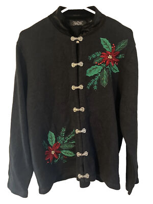 Crystal-Kobe Womens Elegant Poinsetta Christmas Black Cardigan Sweater ...