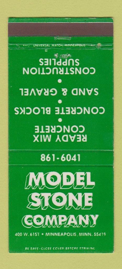 Matchbook Cover - Model Stone Minneapolis MN concrete 30 Strike | eBay