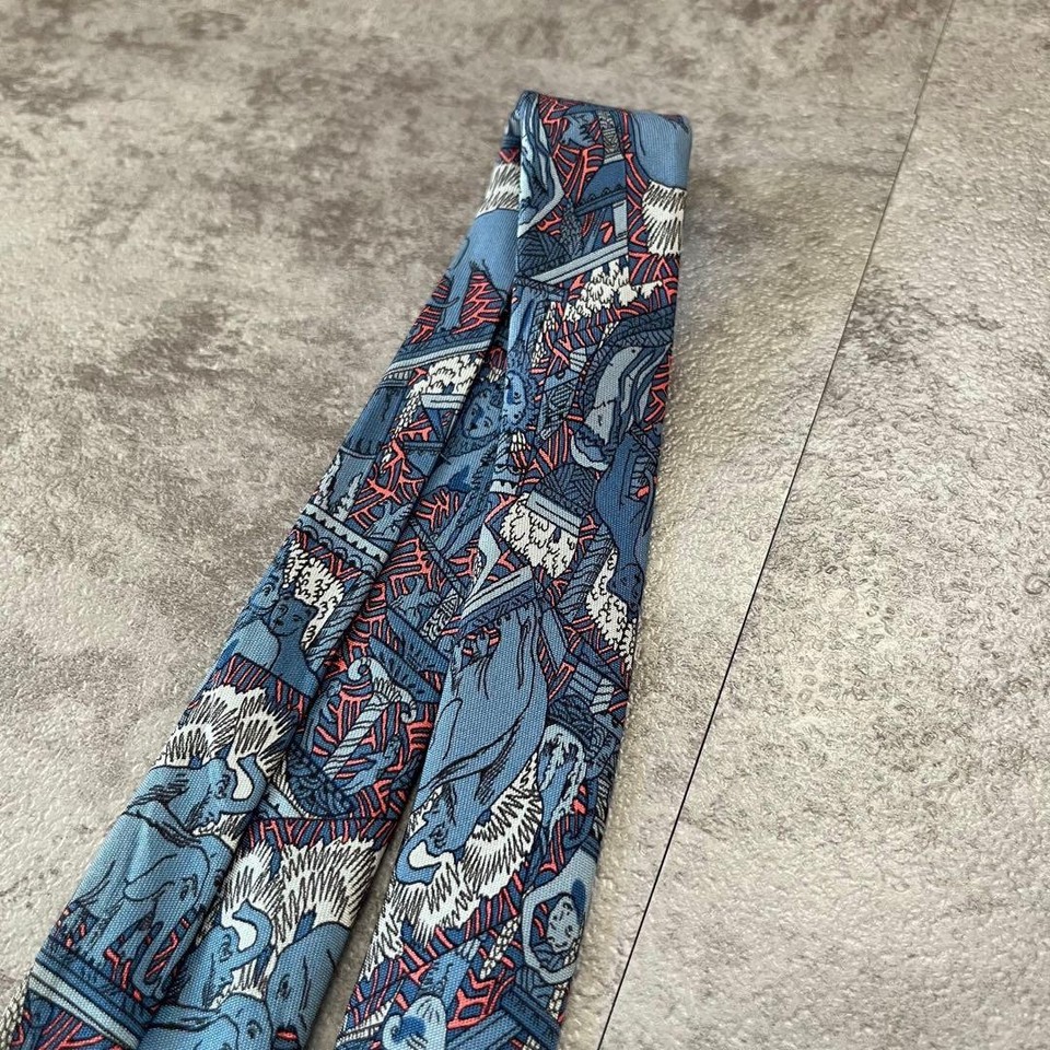 HERMES Animal Pattern Tie Elephant Lion Human Blue | eBay UK