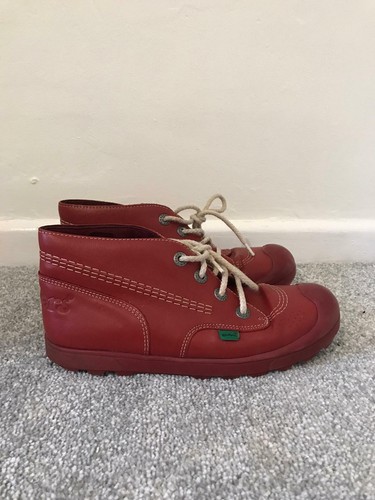 Kickers Red Leather Kick Hi Boots Size 3 Lace Up Booties Vintage | eBay UK