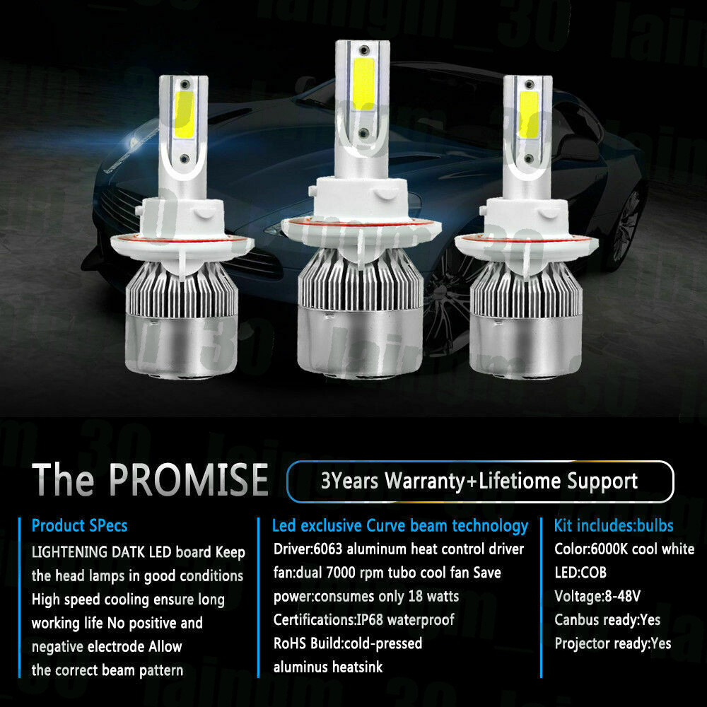 Pair 8000K Ice Blue H13 9008 LED Headlight Hi/Lo Beam Driving Bulbs ...