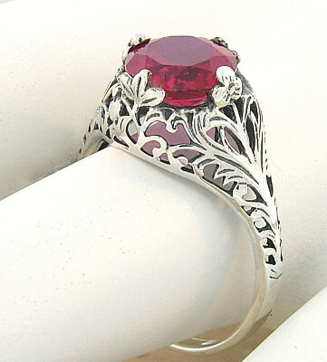 DECO ANTIQUE STYLE 925 SOLID STERLING SILVER LAB-CREATED RUBY FILIGREE ...