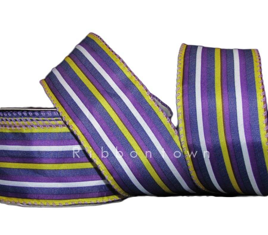 5 Yards Purple Yellow White Dark Blue Stripe Striped Wired Ribbon 2 1/2 ...