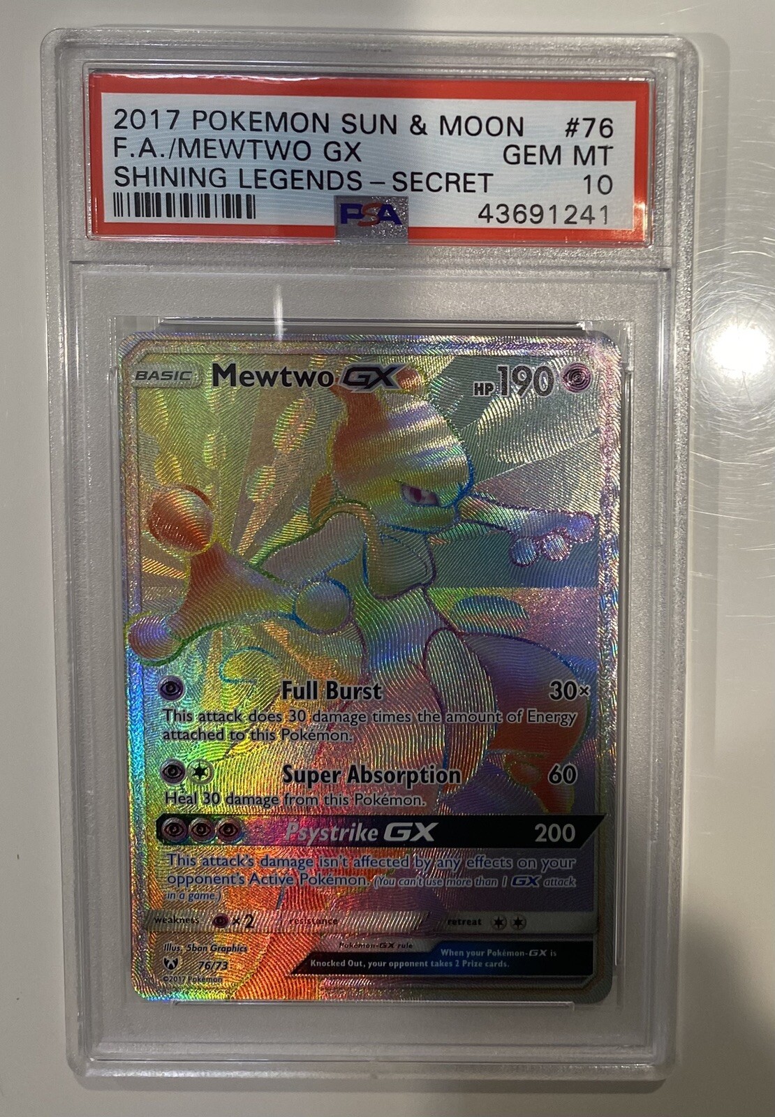 MEWTWO GX 76/73 Secret Rainbow Rare Holo PSA 10 2017 Shining Legends ...