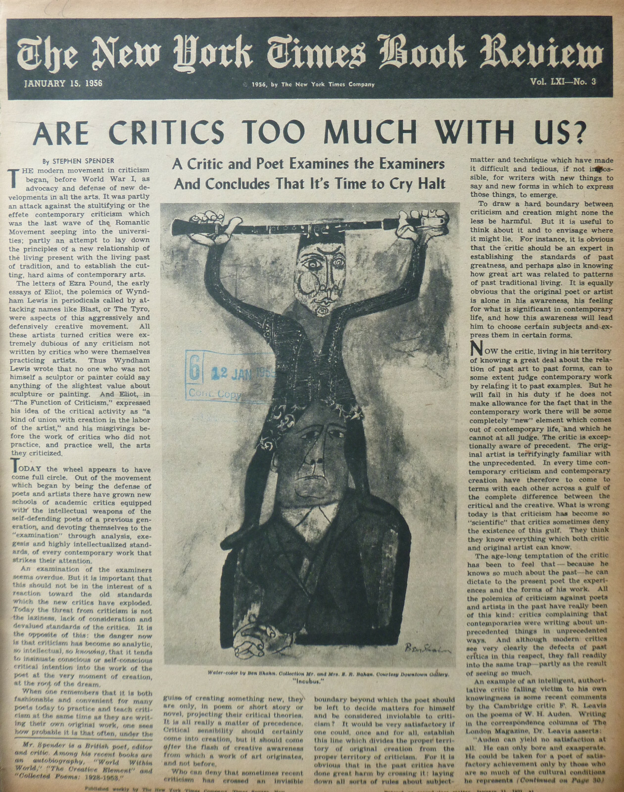 STEPHEN SPENDER BEN SHANN BAHAN INCUBUS January 15 1956 NY Times Book ...