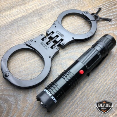 BLACK Steel Handcuffs MILITARY Double Locking Hand Cuffs + Stun Gun ...