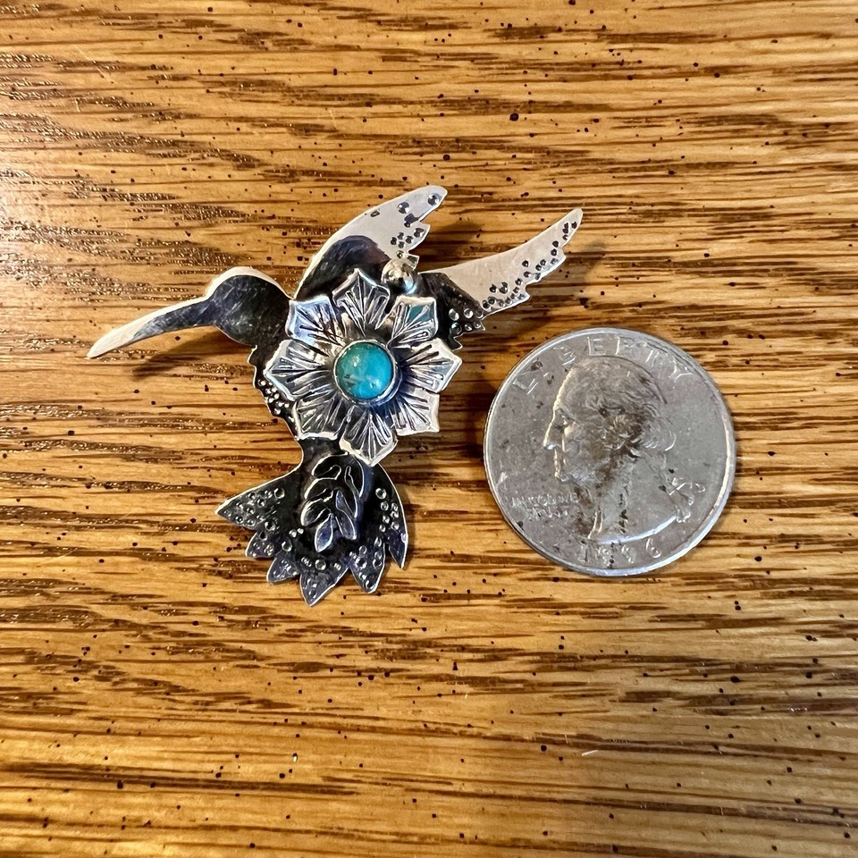 925 Sterling Silver & Turquoise Hummingbird Pendant With Floral Detail ...