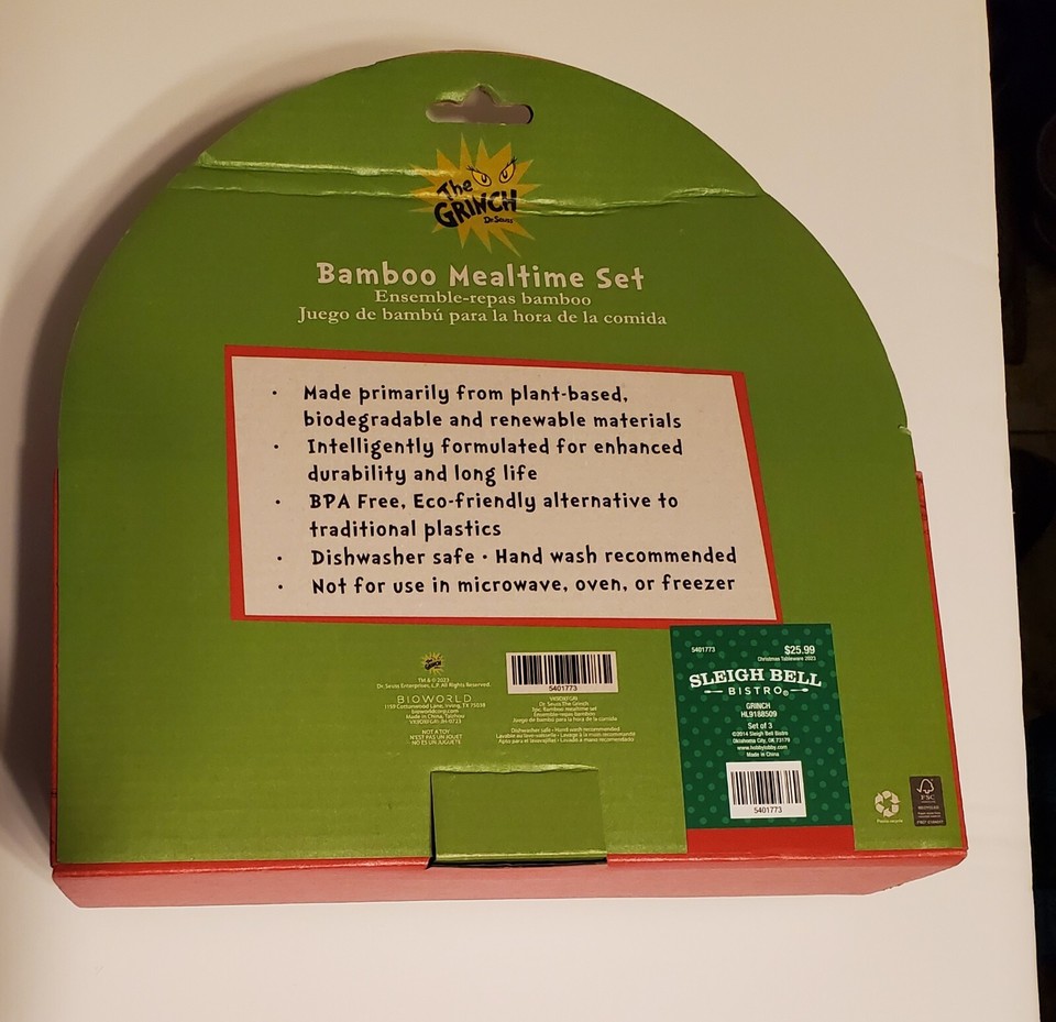 Dr Seuss The Grinch Bamboo 3pc Mealtime set for Children NIB. Plate ...