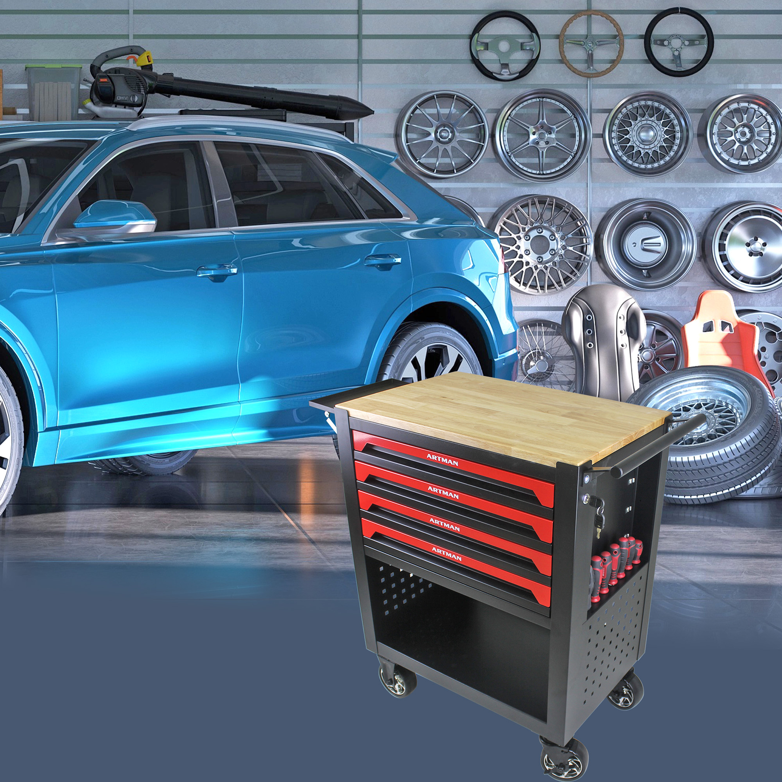 35"H Tool Box w/Wheels 4 Drawers Rolling Tool Cart, Wooden Top ...