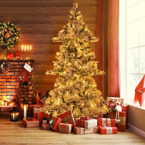 7' Flocked Christmas Tree Hinged Xmas Decoration w/ 420 LED Lights ...