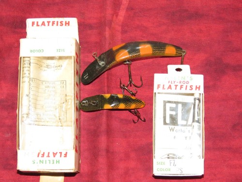 VINTAGE 2 HELEN'S FLATFISH FISHING LURES T4 AND F7 WITH BOX AND PAPERS ...