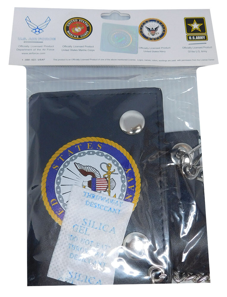 U.S. Navy Emblem Blue Black Genuine Leather Wallet With Chain (4 inch ...