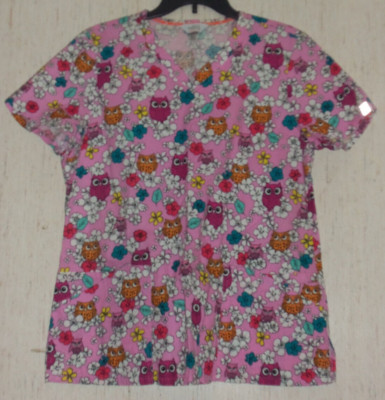 EXCELLENT WOMENS code happy PINK W/ OWLS & FLORAL PRINT SCRUBS TOP SIZE ...