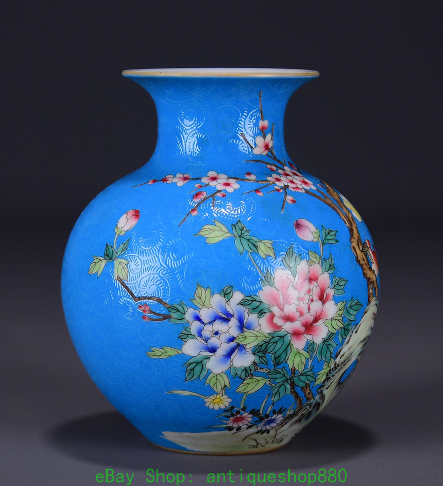 6.3" Qianlong Marked Blue Glaze Famille Rose Porcelain Flower Bird ...