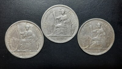 LOT OF 3 FRENCH INDO-CHINA 1 PIASTRE SILVER COINS . 1898 , 1898 & 1900 ...