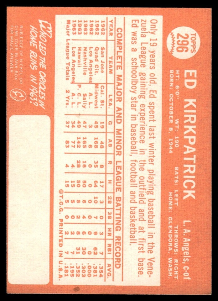 1964 Topps Ed Kirkpatrick Los Angeles Angels #296 | eBay