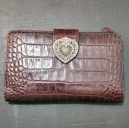 Brighton Leather Wallet Organizer Brown Moc Croc Reptile Silver Heart ...