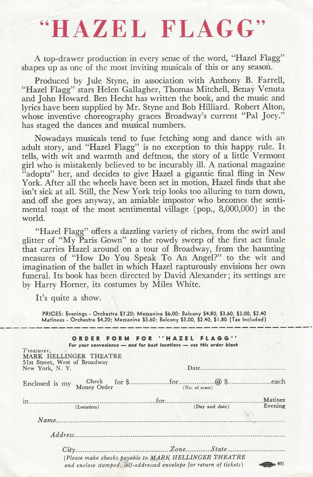 Helen Gallagher "HAZEL FLAGG" Jule Styne / Benay Venuta 1953 Broadway ...