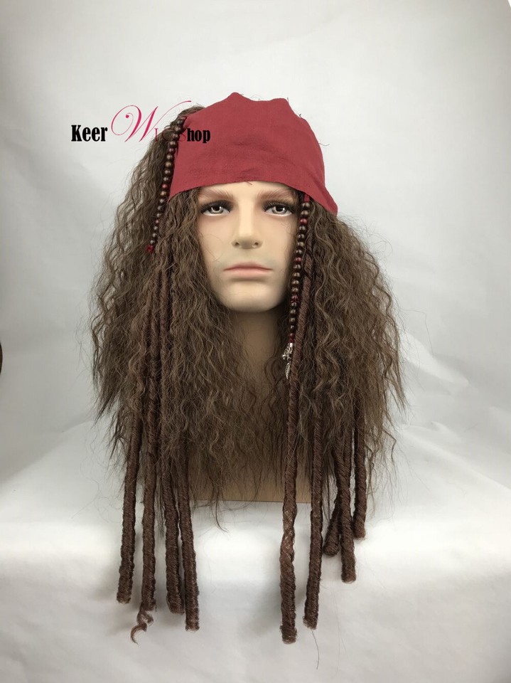 Deluxe Pirate Caribbean Jack Sparrow Captain Hook Costume Wig Beads ...