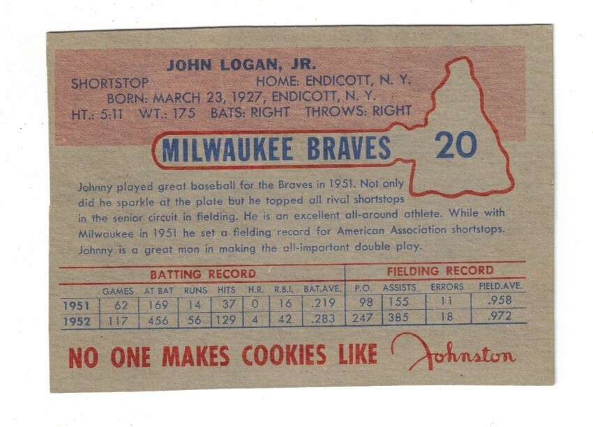 1953 Johnston JOHNNY LOGAN card #20 MILWAUKEE BRAVES miscut odd ...