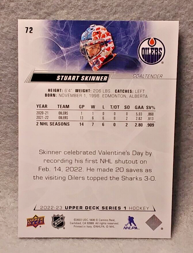 Stuart Skinner, 2022-23 Upper Deck Series 1 Base Card #72 - Edmonton ...