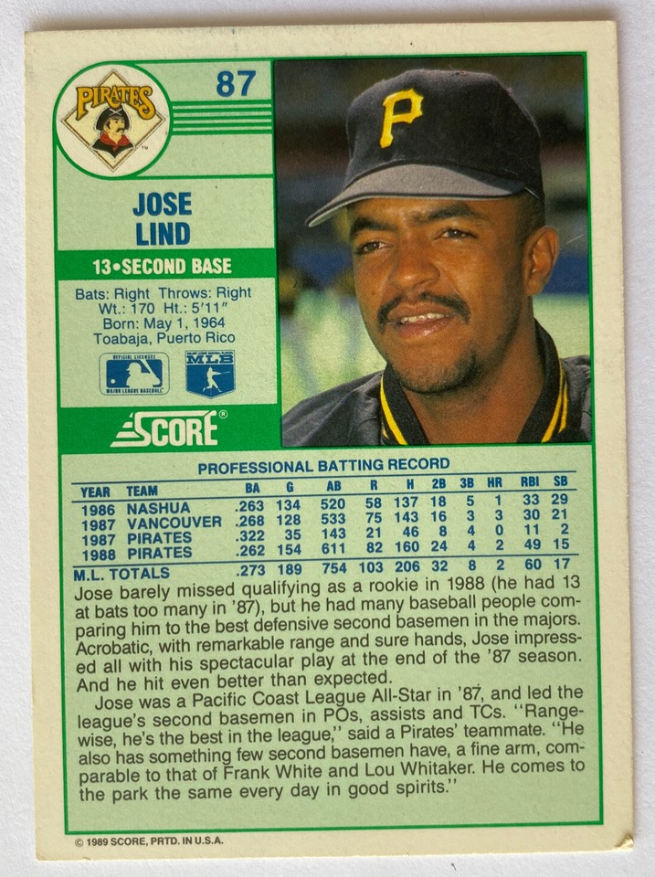 JOSE LIND SIGNED IP 1989 SCORE #83 PITTSBURGH PIRATES 2ND YEAR BORICUA ...
