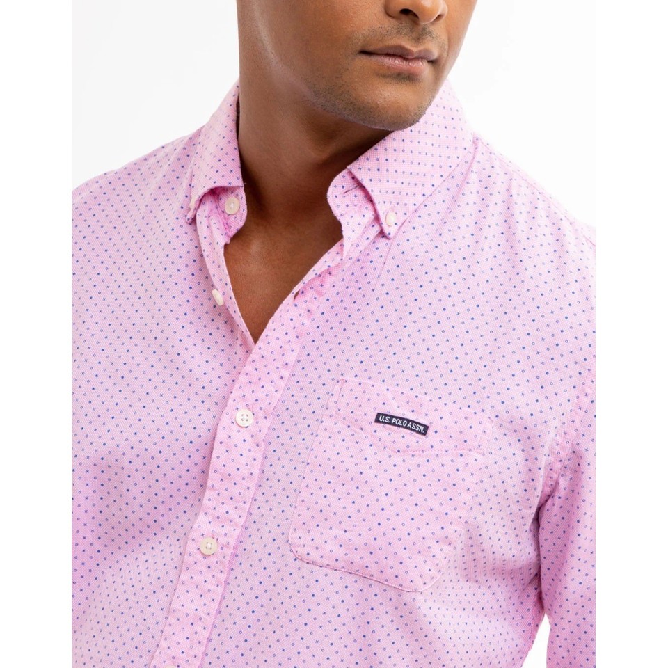US Polo Assn Mens Medium Long Sleeve Shirt Pink Dot Print Royal Oxford ...
