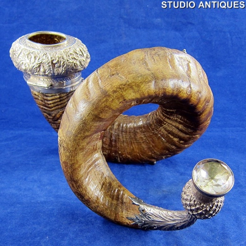 SCOTTISH SNUFF MULL Antique Rams Horn & Silver EDINBURGH ROYAL ...