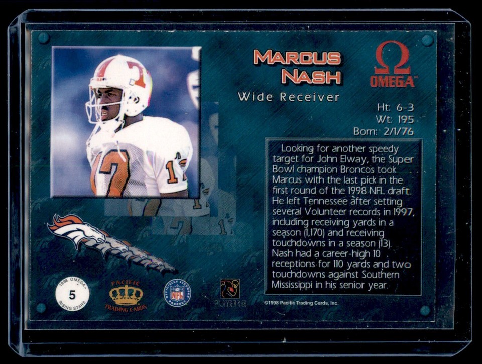 1998 Pacific Omega Rising Stars Blue Marcus Nash Denver Broncos #5 0968 ...