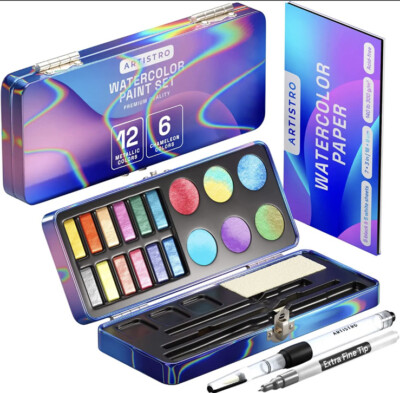 ARTISTRO Metallic Watercolor Paint Set, 18 Vivid Colors Portable Box w ...
