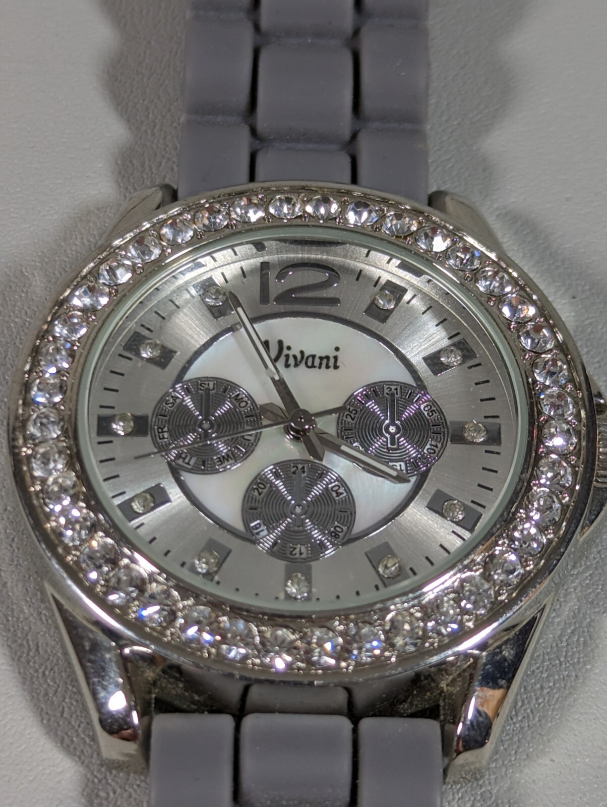Vivani Silver Tone Dial Round Crystal Accent Case Gray Silicone Band ...