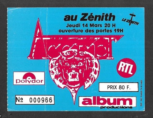 RARE / TICKET BILLET DE CONCERT - ACCEPT : LIVE A PARIS ( FRANCE ) 1985 ...