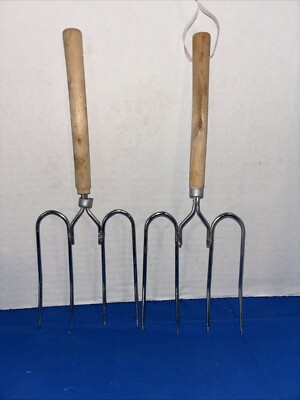 Vintage Roast-Turkey Prong Carving Forks Lifter Wooden Handles Set Meat ...