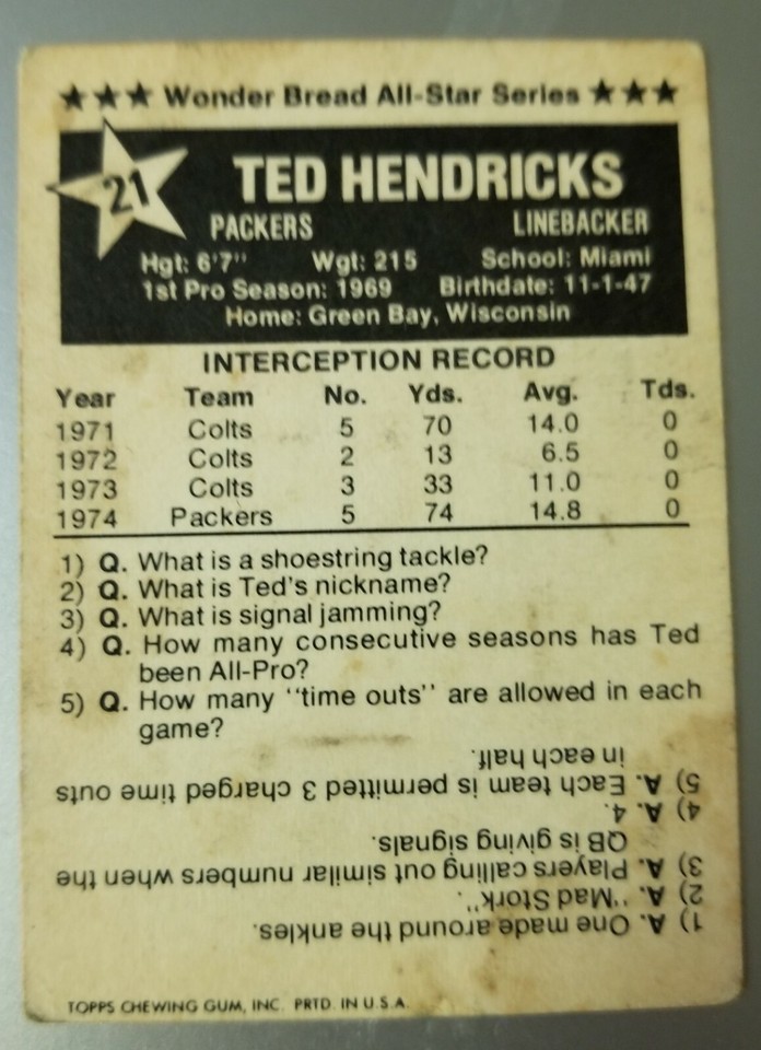 Ted Hendricks Green Bay Packers 1975 Topps #21 Football Card Fair | eBay