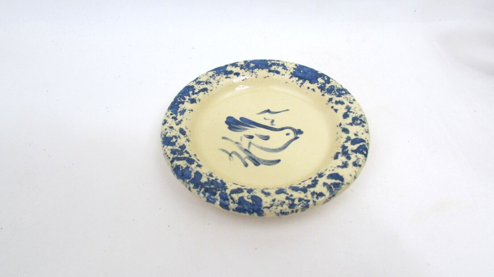 Rowe Pottery Miniature Plate Dish Sponge ware around the edge, and bird ...