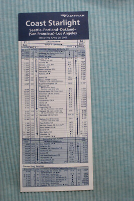Amtrak - Coast Starlight - Timetable Card - April 29, 2001 | eBay